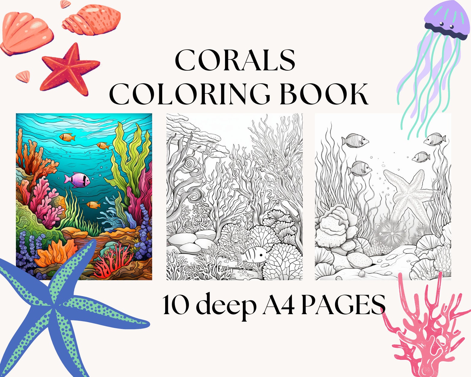 10 Coloring Pages of Corals - Coral Kingdom: A 10-page Digital Coloring ...
