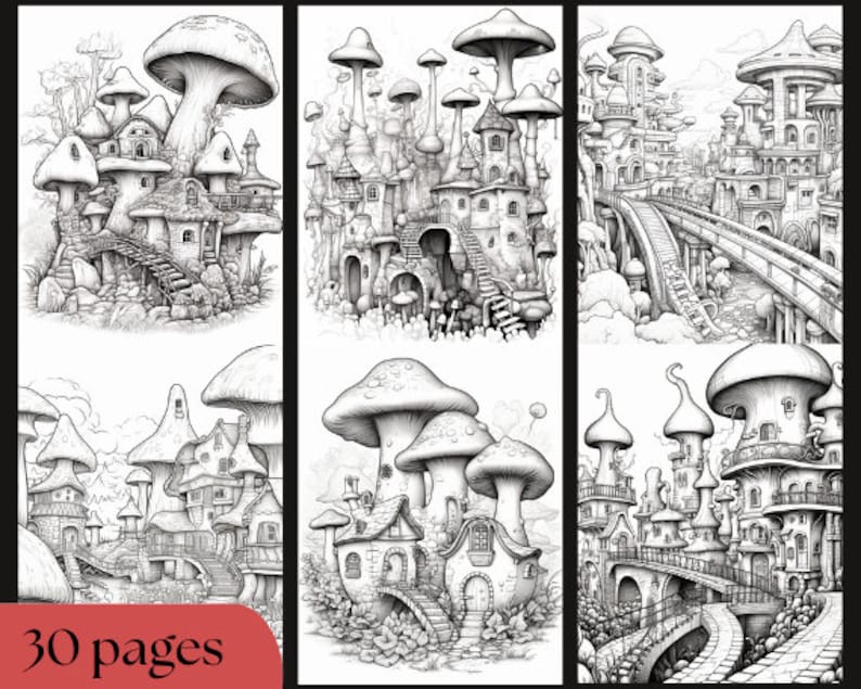 Dreamy Mushroom Worlds Coloring Pages - Set of 30 Printable, Unique ...