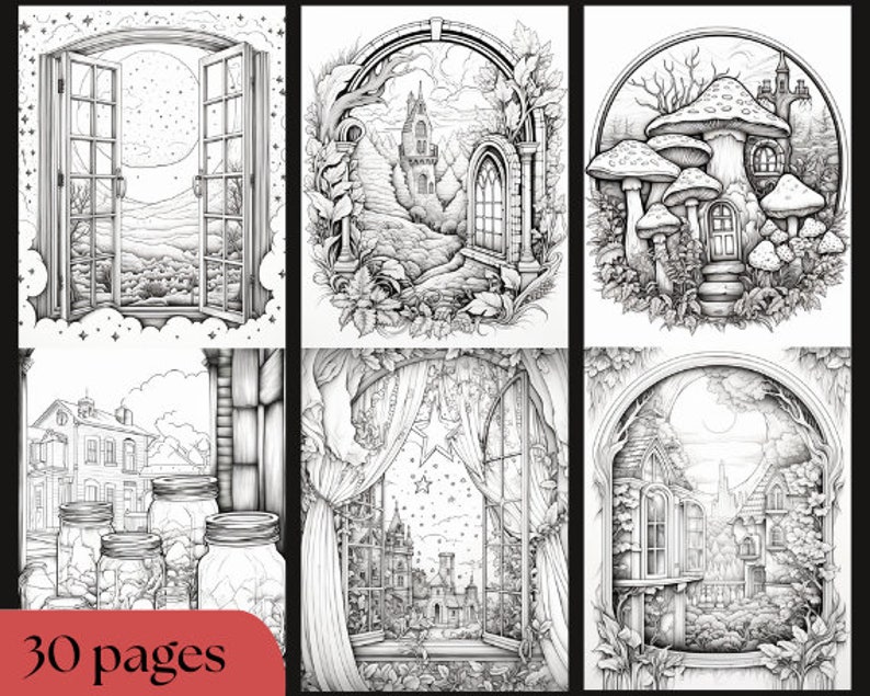 Fantasy World Window Coloring Pages Set of 30 Printable, Unique, and ...