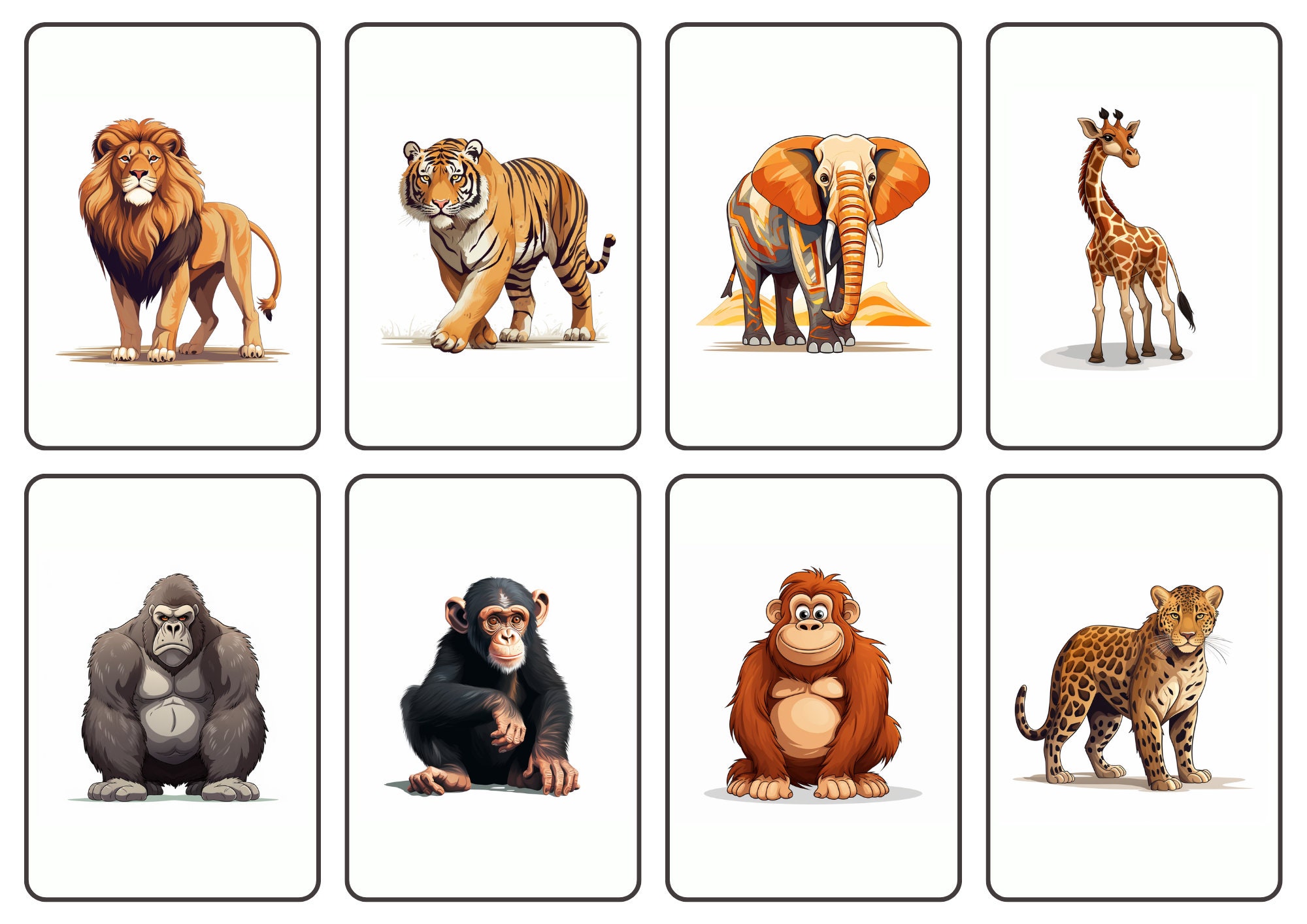 2D Cartoon Jungle Animals 16 Three-part Flashcards FREE 8 Coloring ...