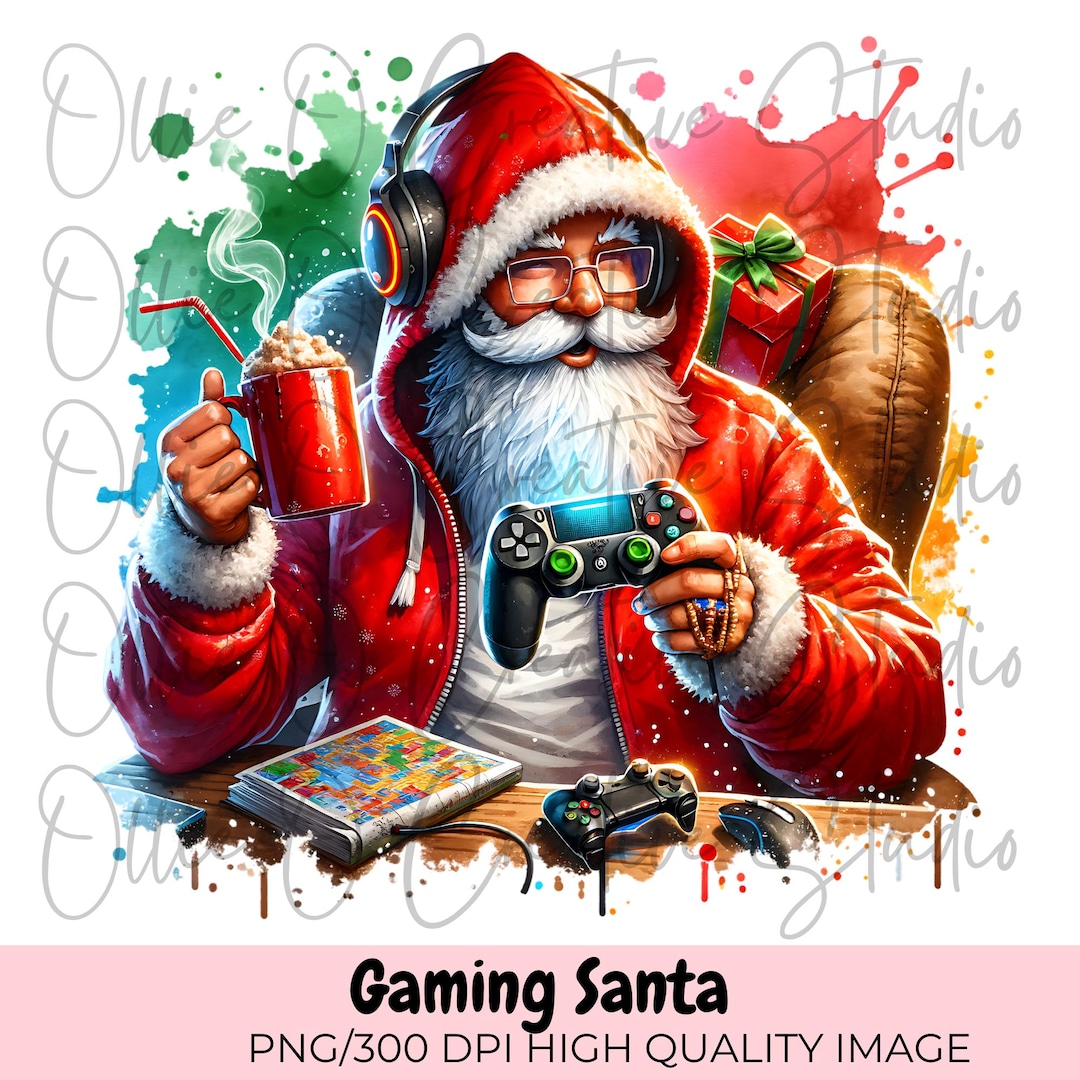 Gaming Santa PNG, Santa Enjoying Video Games in Style PNG, Merry and ...