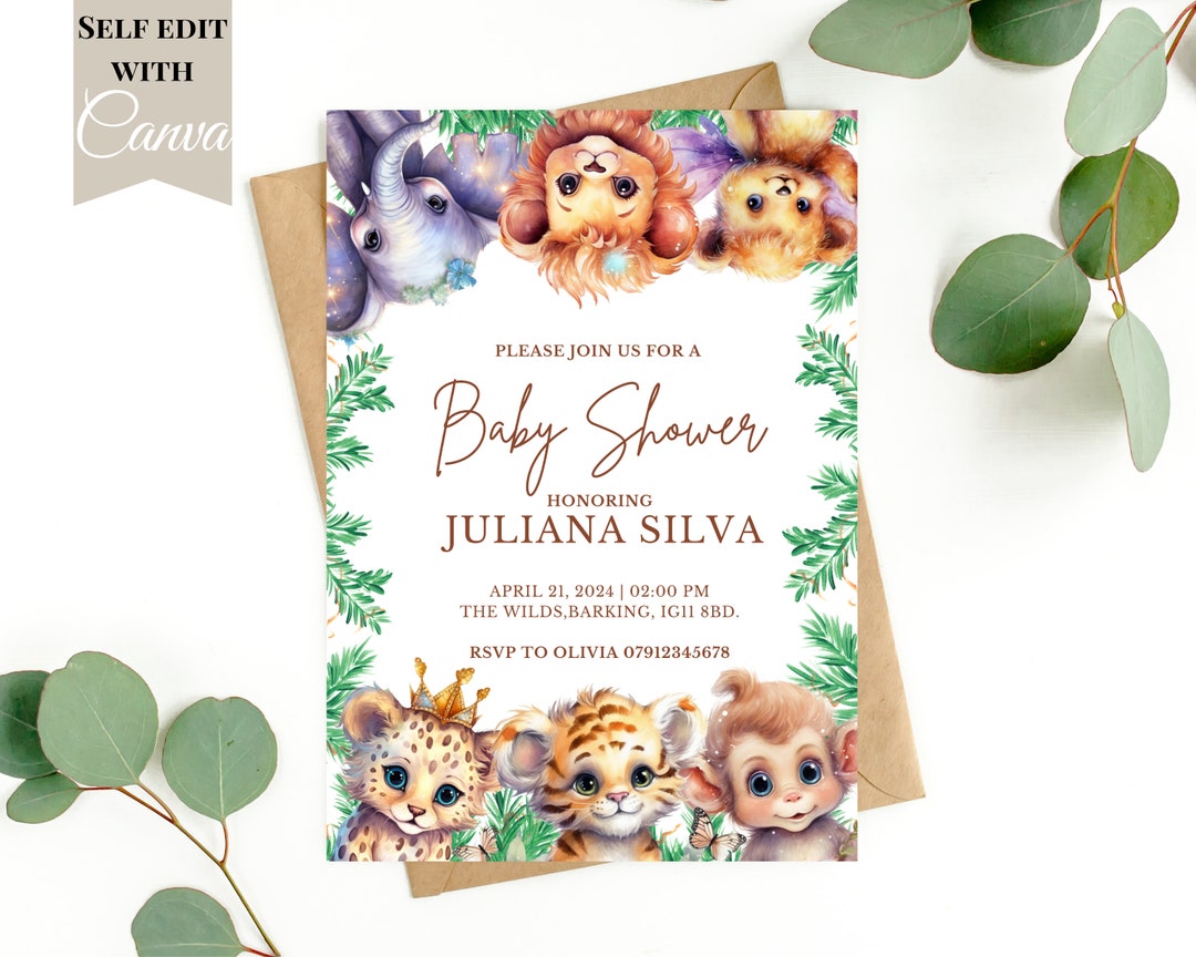 Editable Cute Animal Baby Shower Invitation, Animal Themed Baby Shower ...