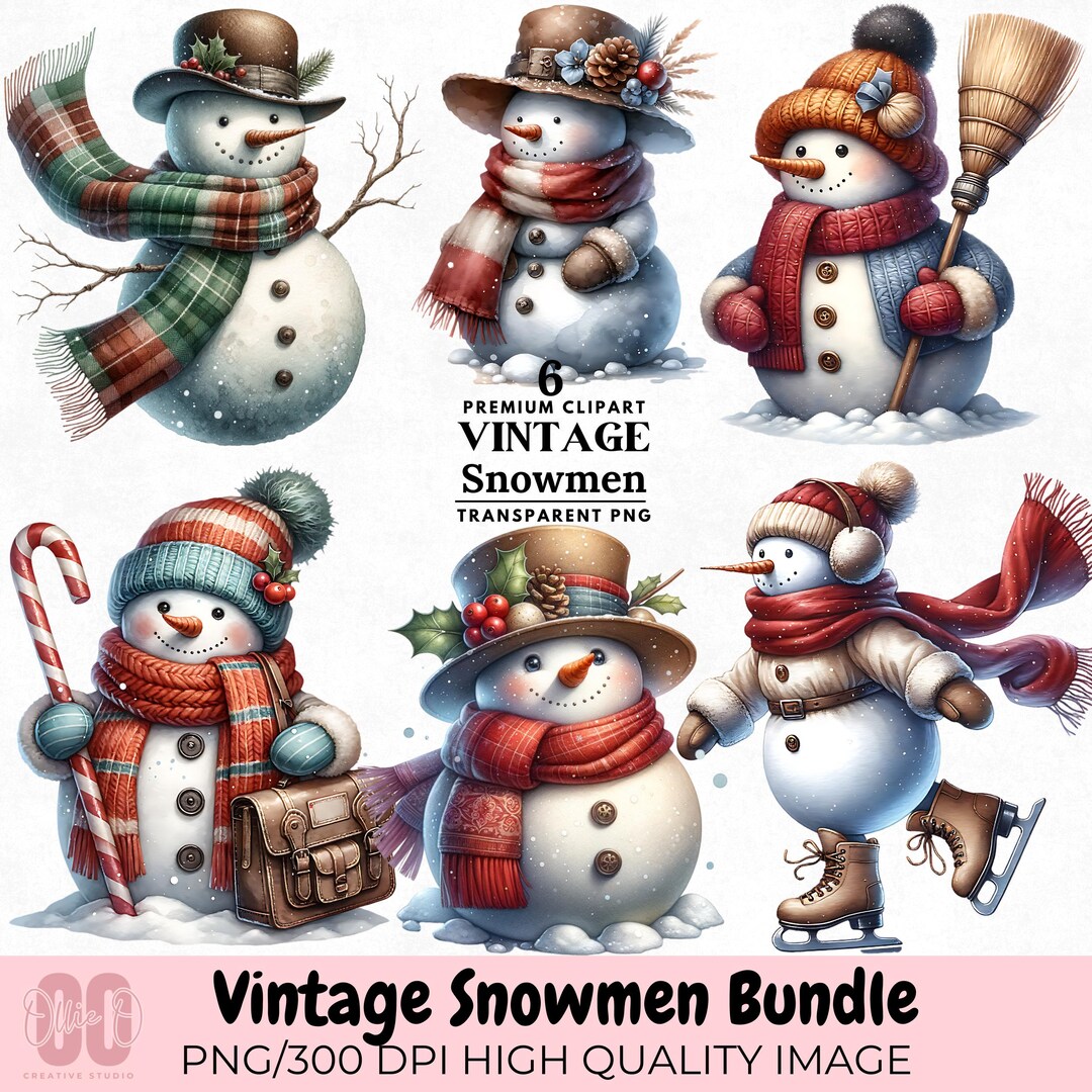 6 Snowman Clipart Bundle | Vintage Watercolor Christmas Pngs | Winter ...