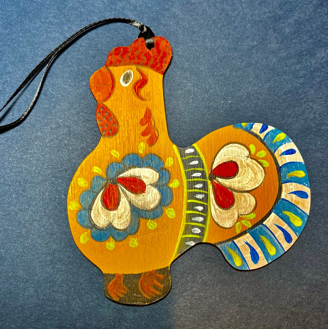 Scandinavian Yellow Ochre Rooster Rosmaled Ornament; Hand Painted ...
