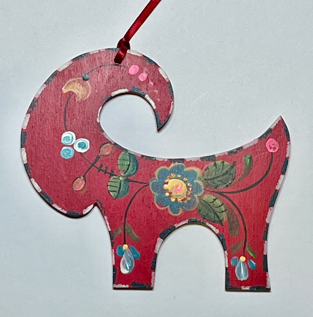 Scandinavian Red Ram Rosmaled Ornament; Hand Painted; Nordic ...