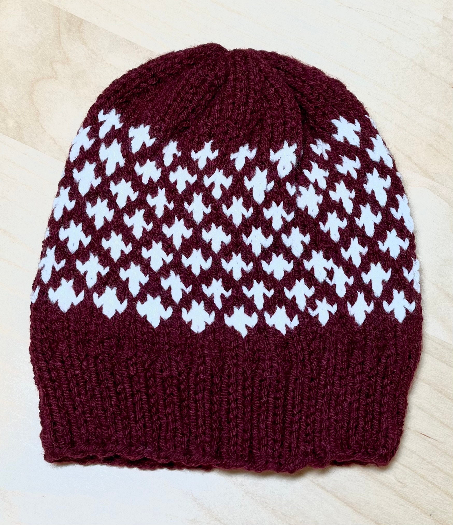 Adult Hand-knit Burgundy and White Hat, Hand-knit Beanie, Warm and Cozy ...