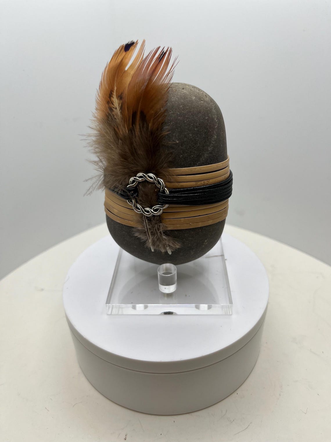 Natural Oval Rock Wrapped in Cane and Leather, Embellished With 3 Very ...