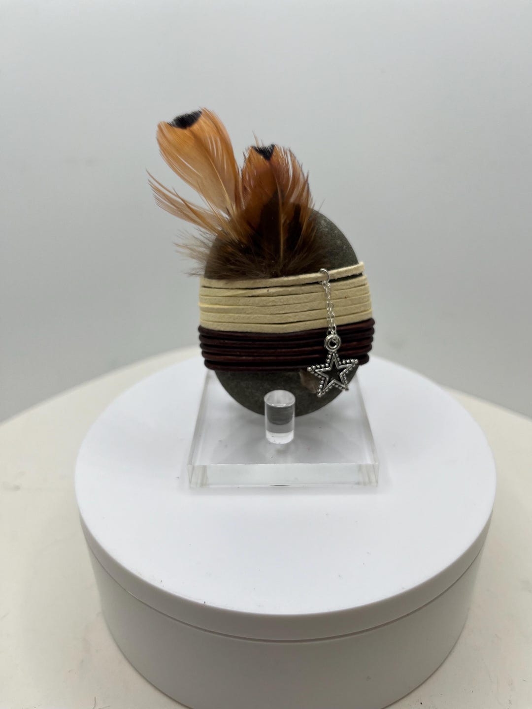 Small Gray Oval Rock Wrapped in Two Types of Leather, Embellished With ...