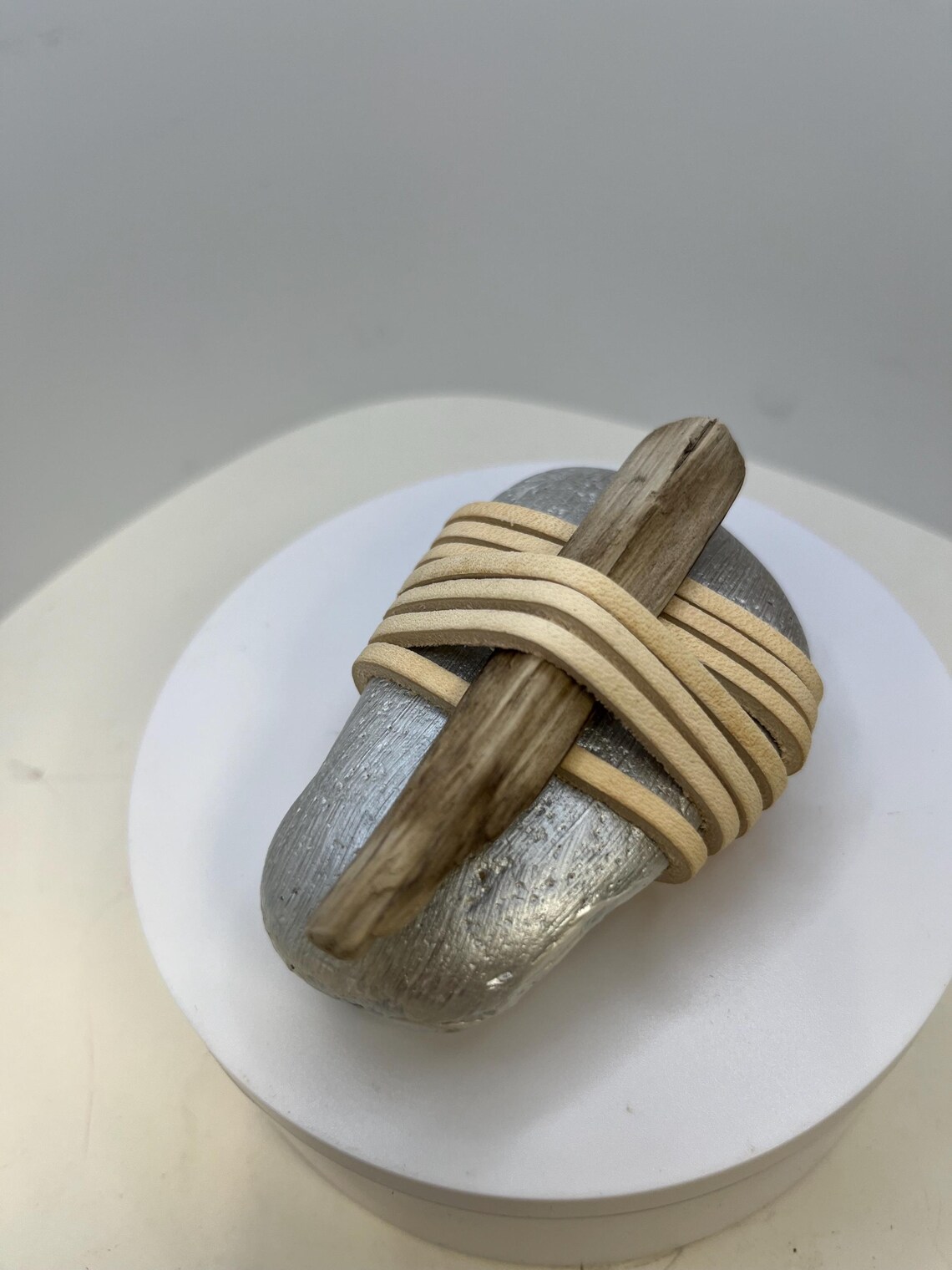 Silver Painted Oval Rock , Wrapped in Soft Beige Leather, and ...
