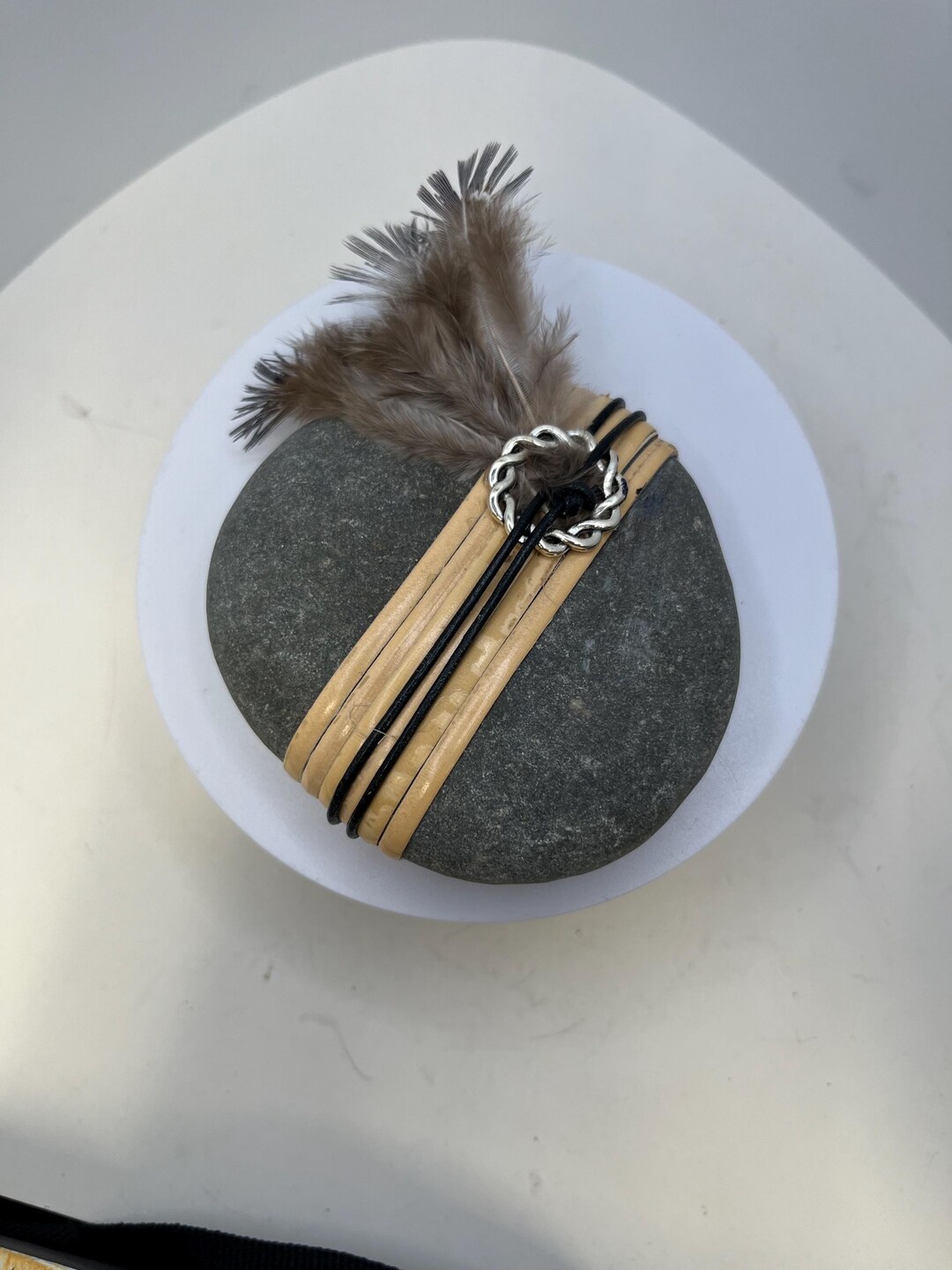 Natural Oval Rock Wrapped in Cane and Leather, Embellished With 3 Very ...