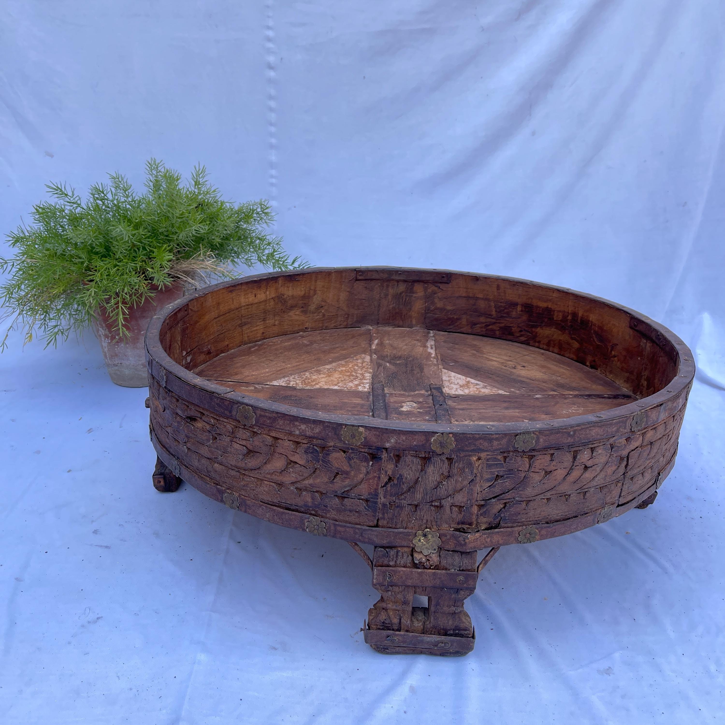 Antique Indian Chakki Grinder Table , Hand Carved Floral Wooden Low ...