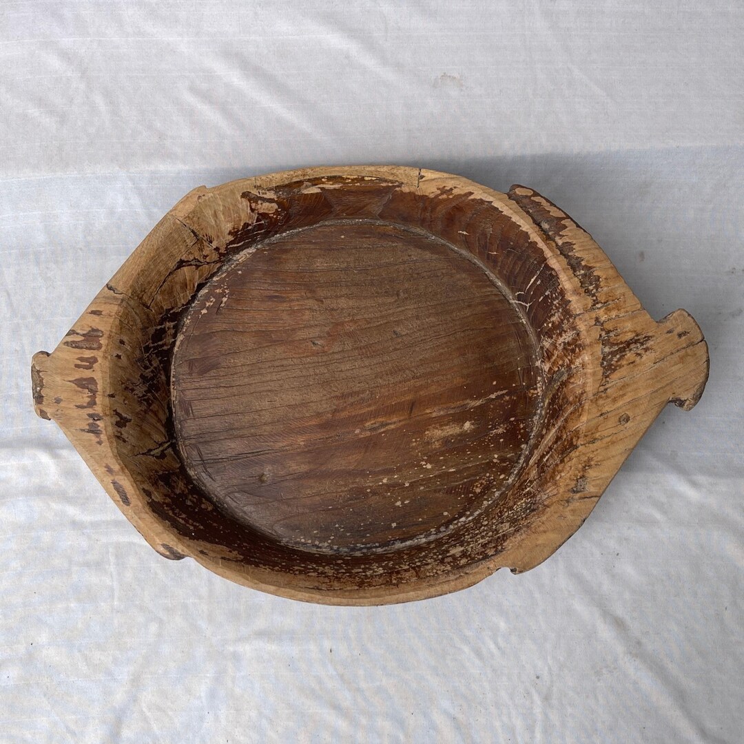 Handcarved Teak Wood Dough Bowl, Antique Indian Parat Tray, Rustic ...