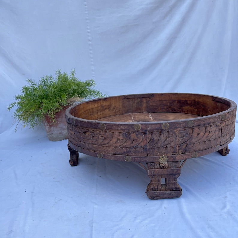 Antique Indian Chakki Grinder Table , Hand Carved Floral Wooden Low ...