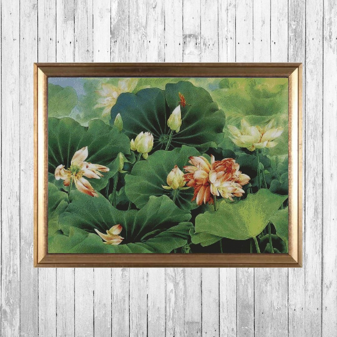 Lotus & Dragonfly Cross Stitch Pattern Flower Painting Cross Stitch Water Lily PDF Pattern ...