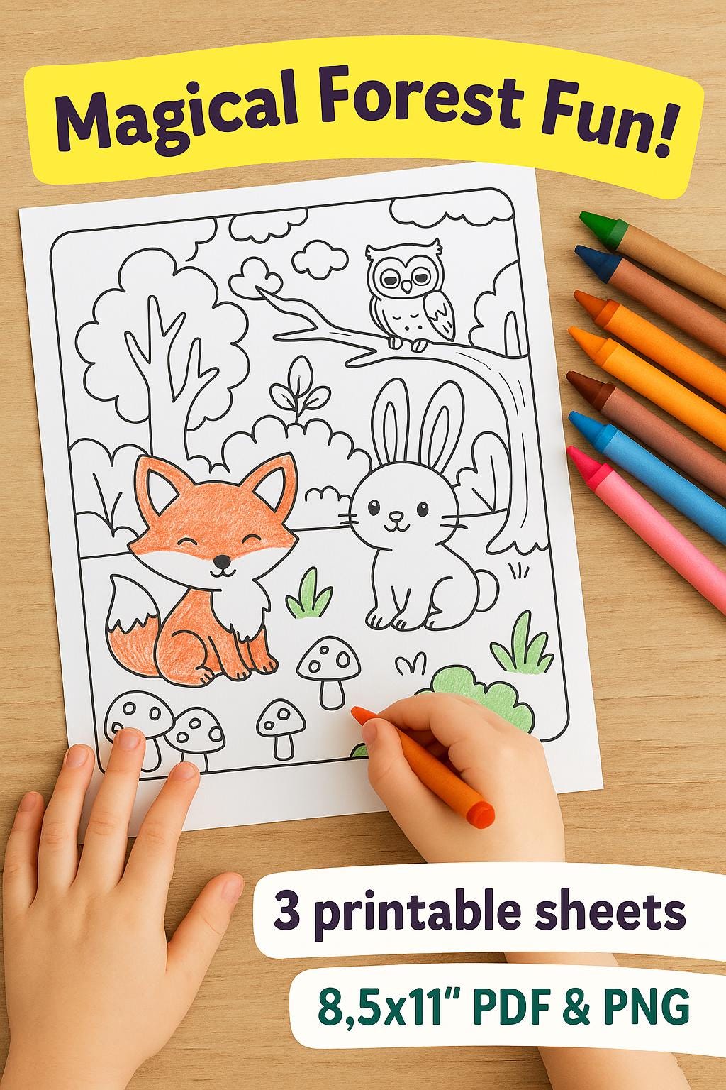 Magical Forest Animals Coloring Pages for Kids | 3 Woodland Printable ...