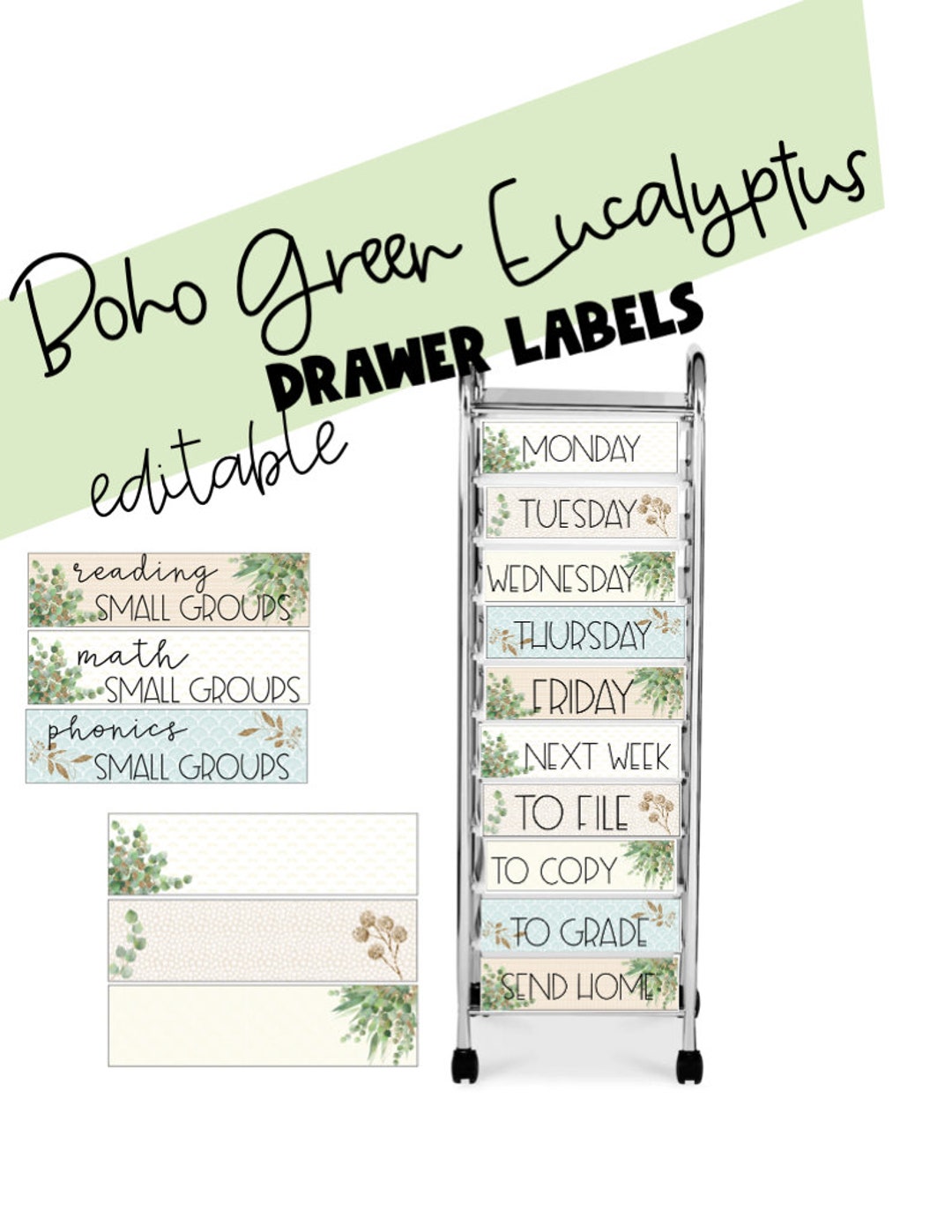 Boho Green Eucalyptus Editable Drawer Labels - Etsy