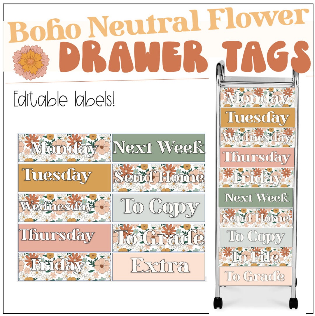 Boho Neutral Floral Flower Cart Labels *10 Drawer Cart* - Etsy