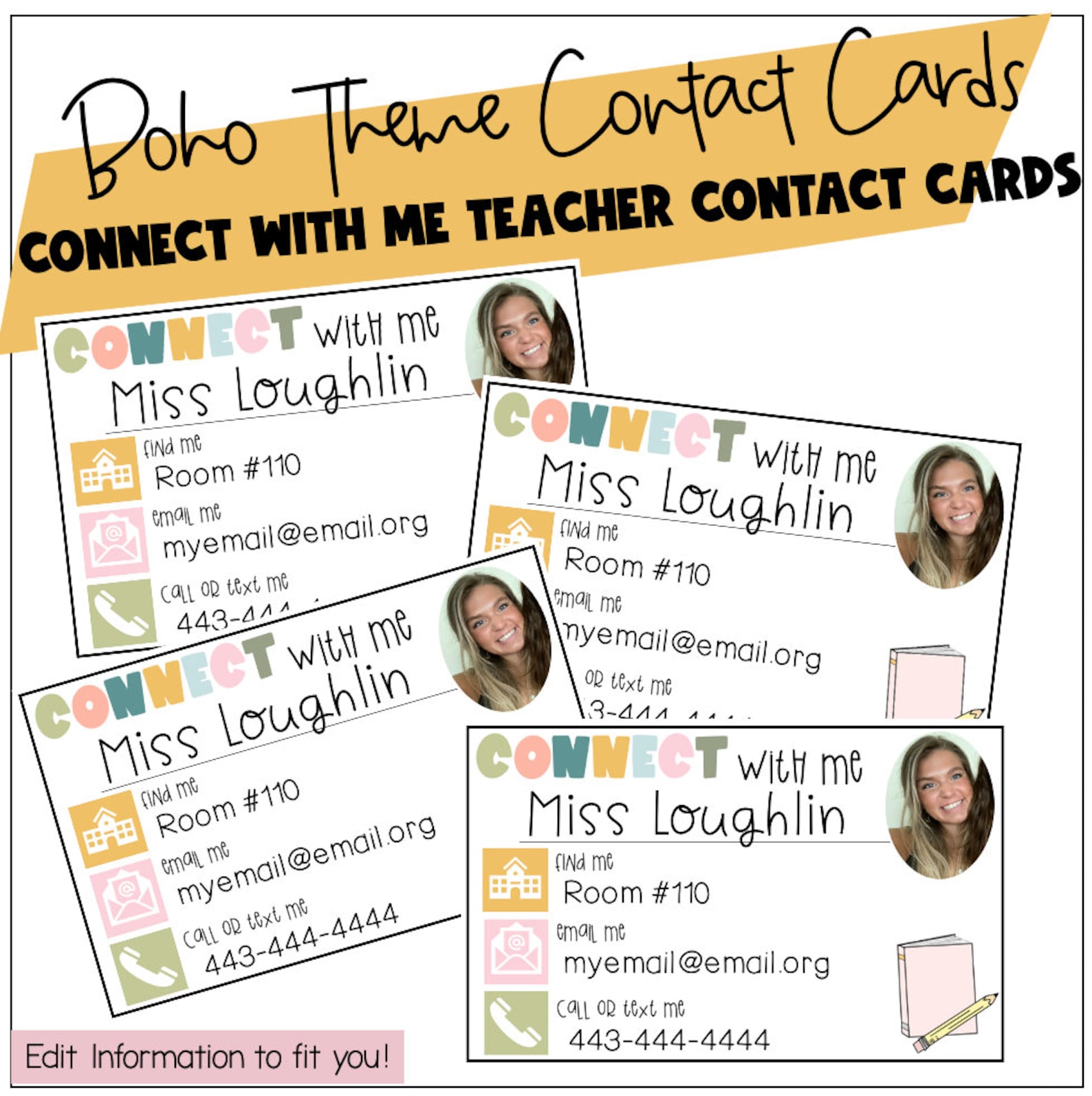 Boho Connect With Me Teacher Contact Cards - Etsy