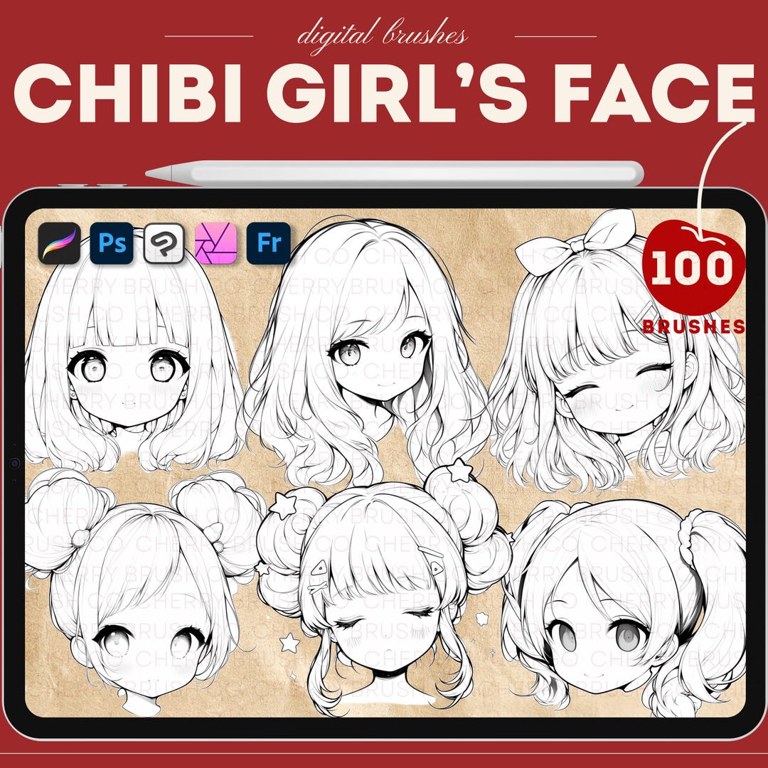 Chibi Girl Face Procreate Stamps. Procreate Chibi Heads Brushes ...