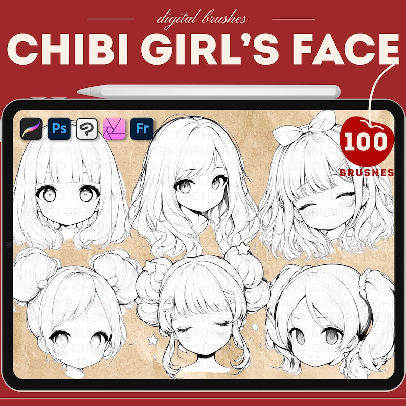 Chibi Girl Face Procreate Stamps. Procreate Chibi Heads Brushes ...