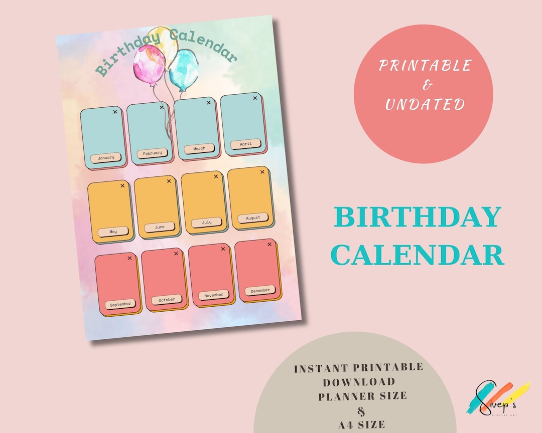 Undated Digital & Printable Birthday Calendar - Etsy