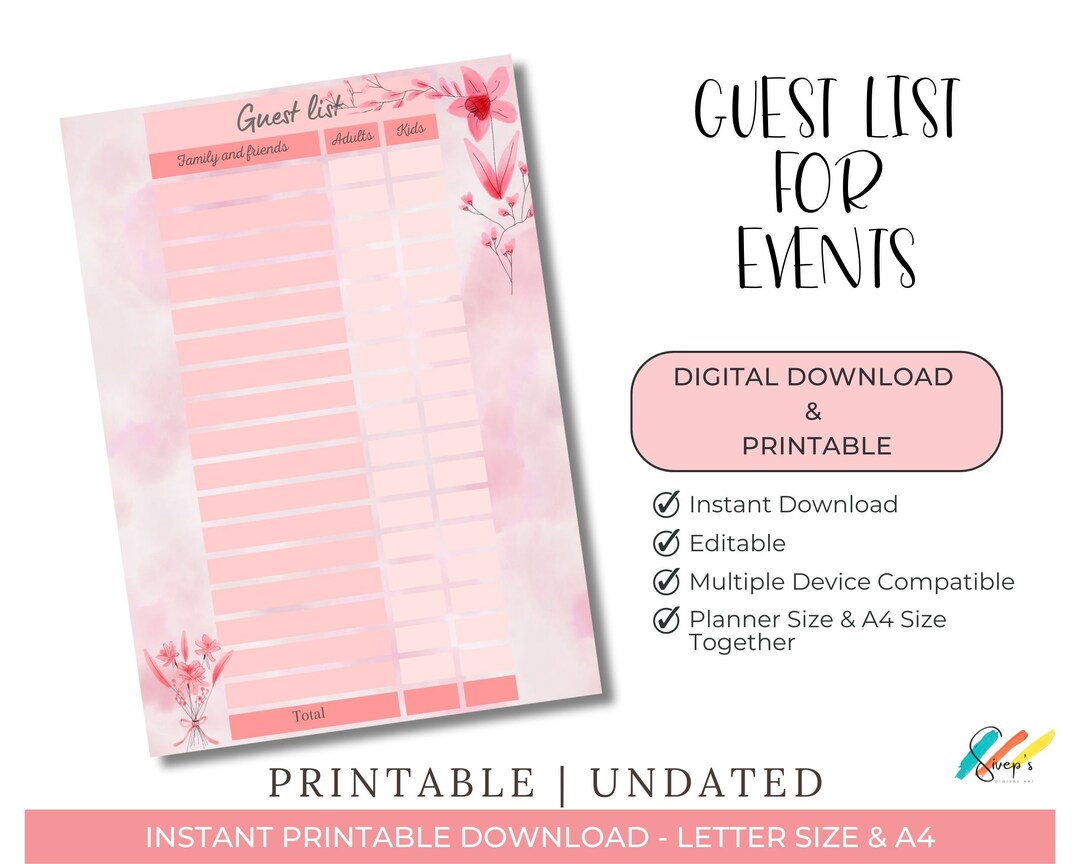 Digital Printable & Undated Guest List - Etsy