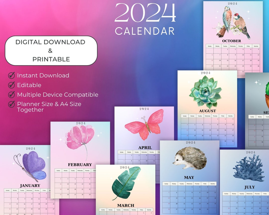 2024 Cute Colorful Calendar Digital Download Printable - Etsy