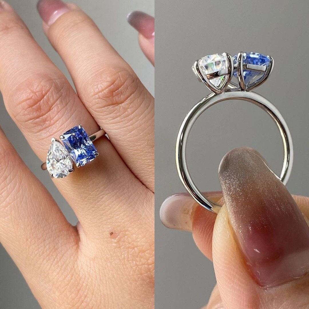 Blue Emerald Cut and Colorless Pear Cut Moissnaite Toi Et Moi ...