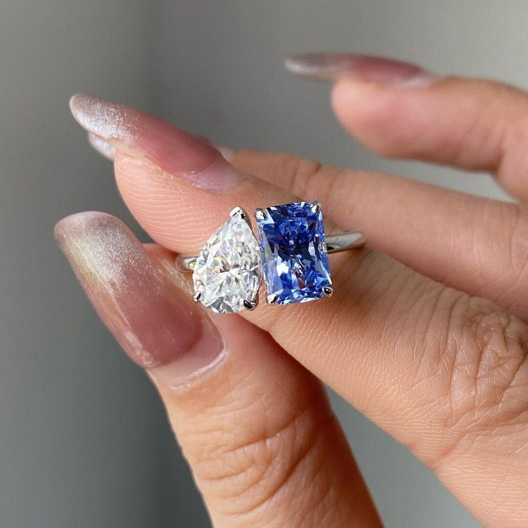 Blue Emerald Cut and Colorless Pear Cut Moissnaite Toi Et Moi ...