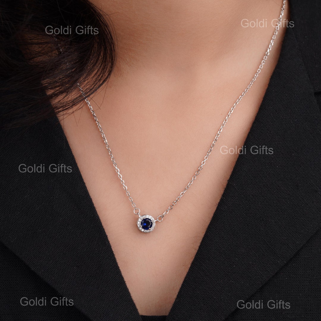 Round Cut Blue Sapphire Pendant Necklace Halo Pendant Necklace for ...