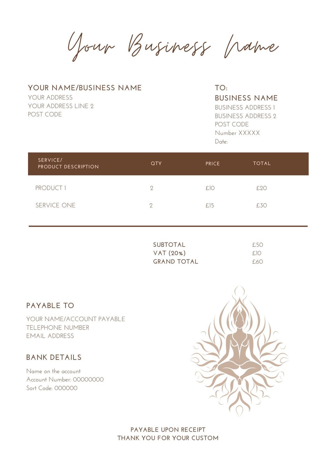 Invoice Template Editable, Small Holistic Business Custom Printable ...