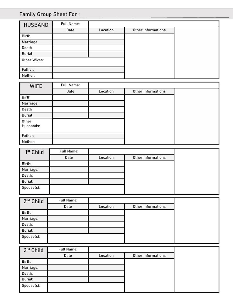 Family Group Sheet Fillable PDF Gray Edition | Family History ...