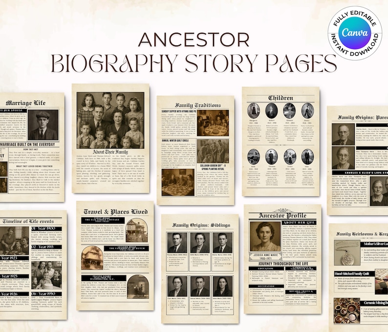 10 Pages Vintage Style Ancestor Biography Story Template | Genealogy ...