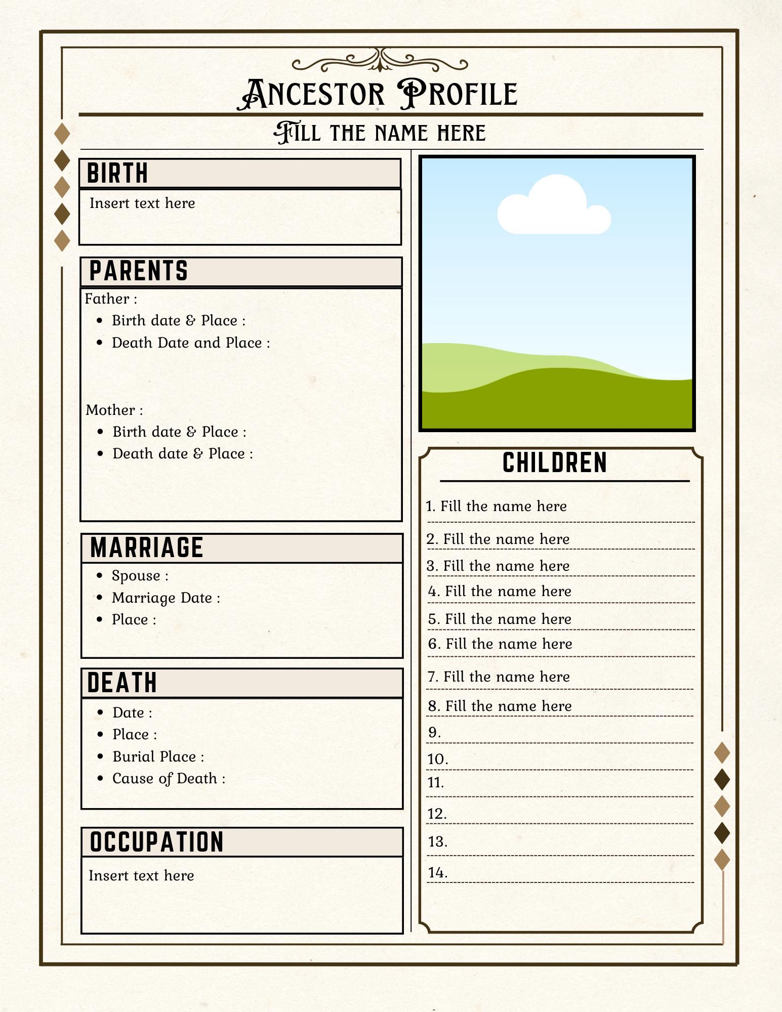 Ancestor Profile Worksheet | Ancestor Biography Profile Template ...