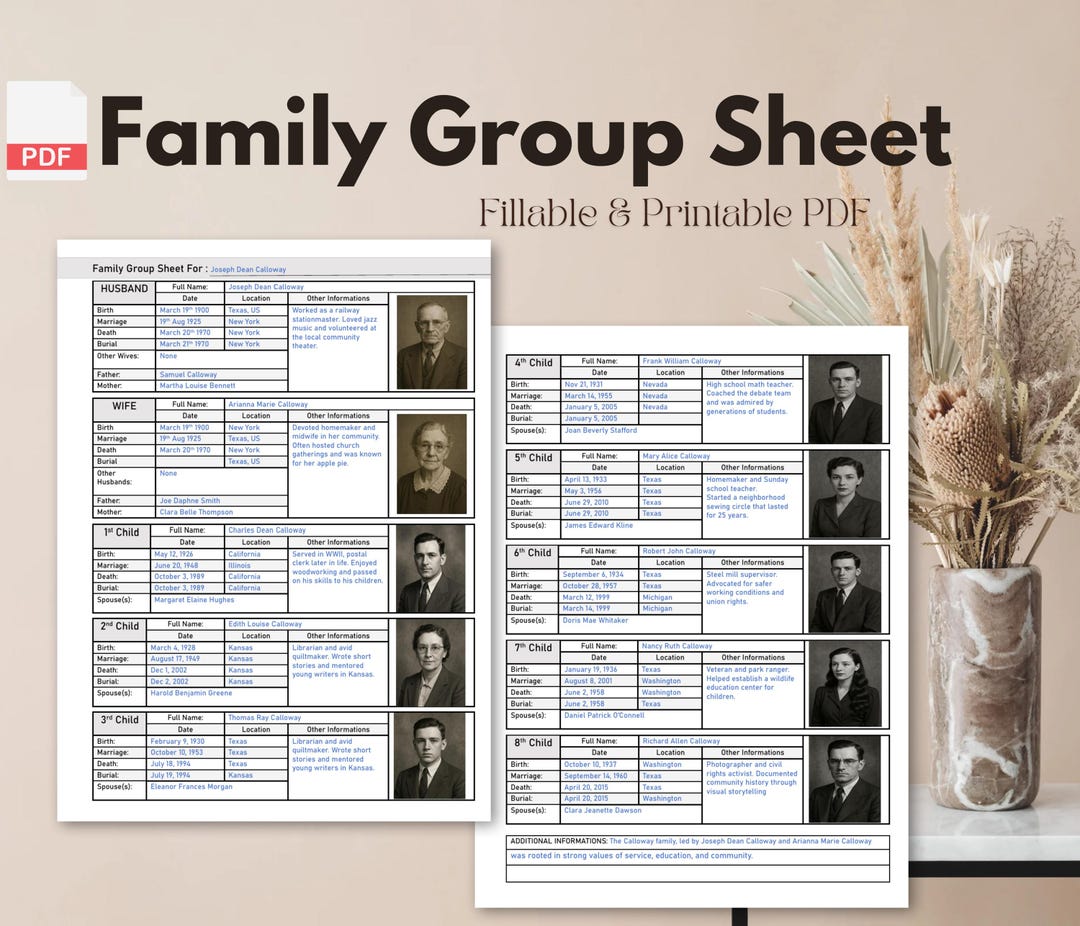 Family Group Sheet Fillable PDF Gray Edition | Family History ...