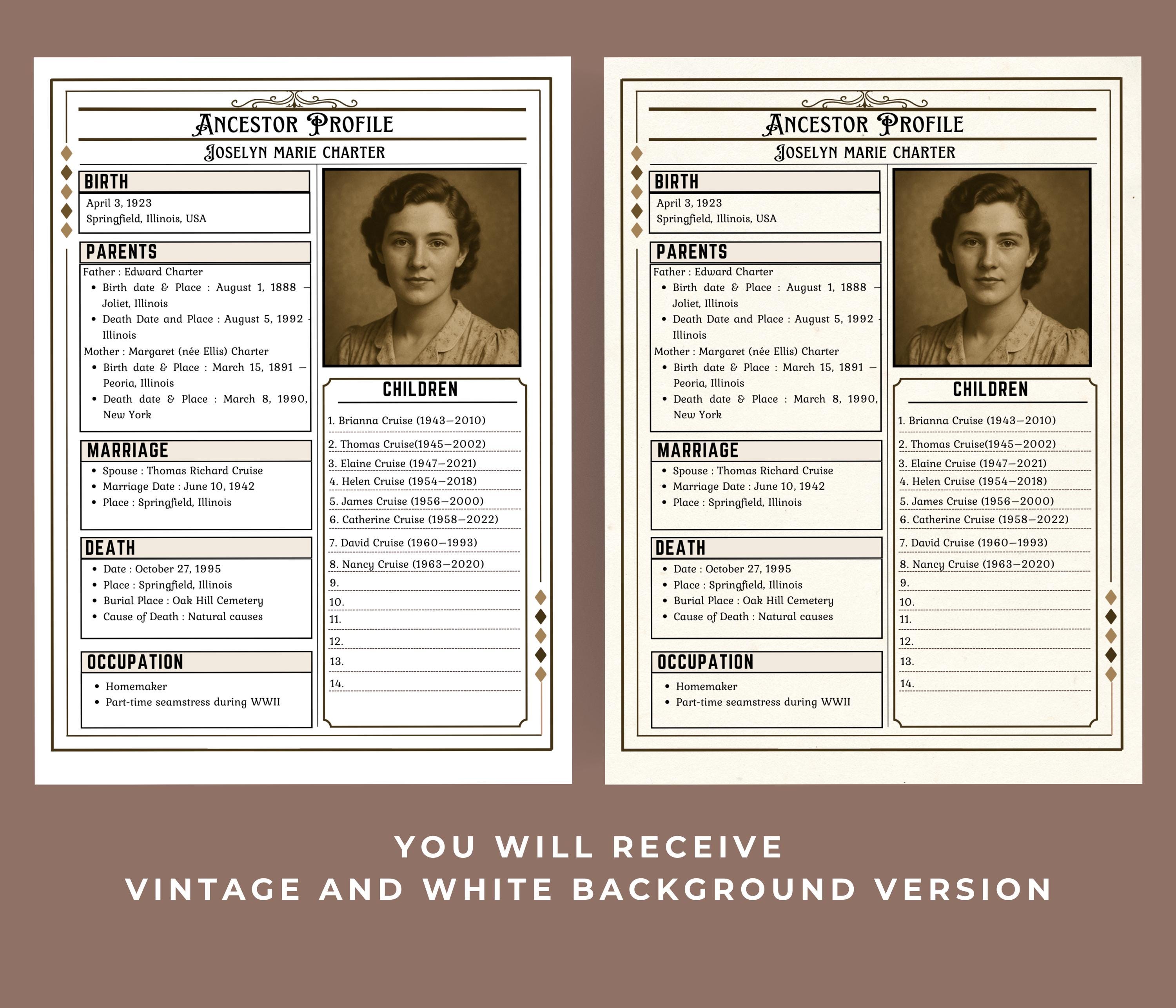Ancestor Profile Worksheet | Ancestor Biography Profile Template ...