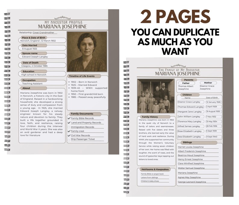 Ancestor Biography Template | Genealogy Profile, Family History (canva ...