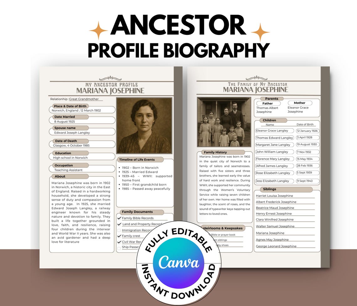 Ancestor Biography Profile Template | Genealogy Research | Genealogy ...