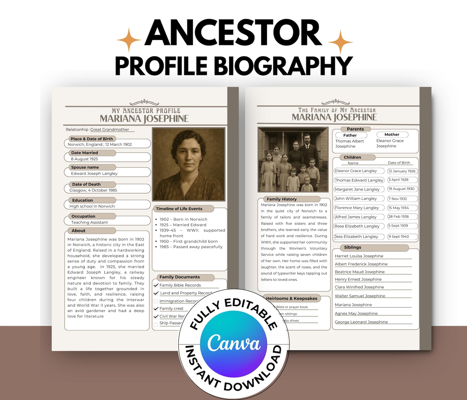 Ancestor Biography Profile Template | Genealogy Research | Genealogy ...