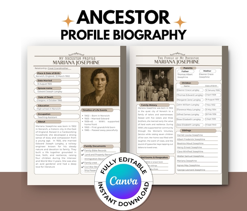 Ancestor Biography Profile Template | Genealogy Research | Genealogy ...