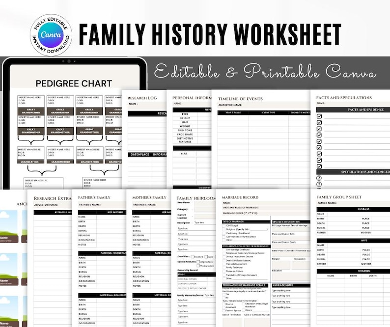 Family History Worksheet Editable CANVA Template | Genealogy Cheat ...