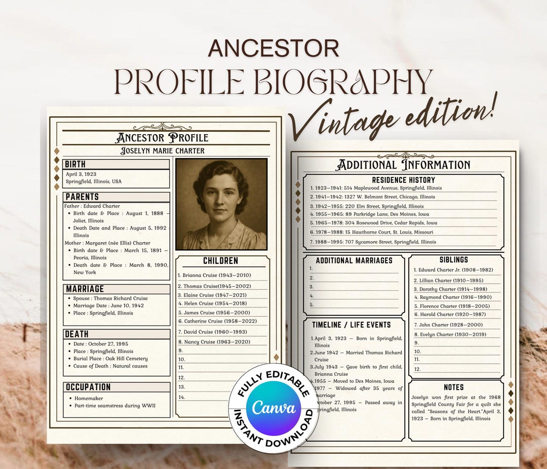 Ancestor Profile Worksheet | Ancestor Biography Profile Template ...