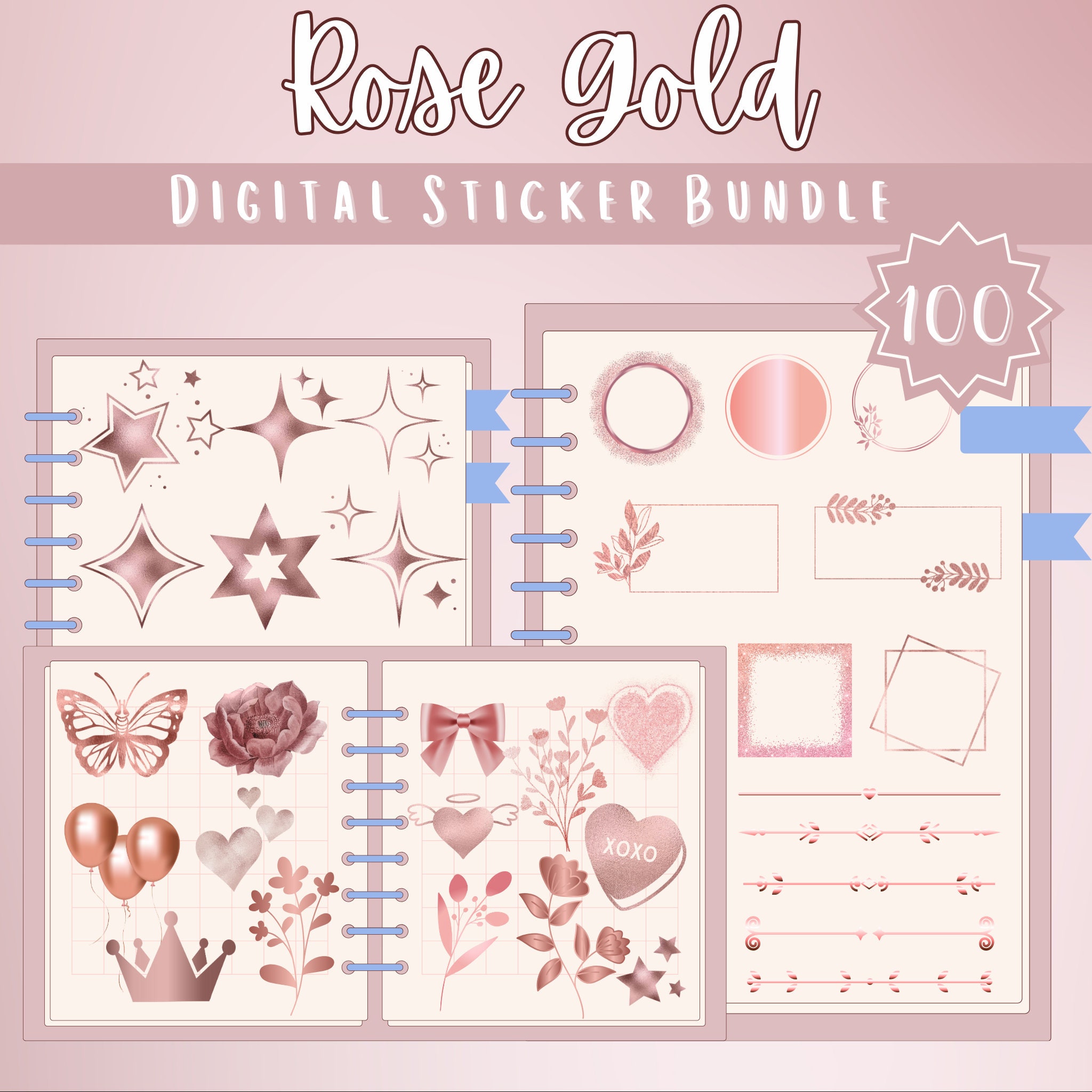 100 Rose Gold Digital Stickers BUNDLE, Pre-cropped Goodnotes Widgets ...