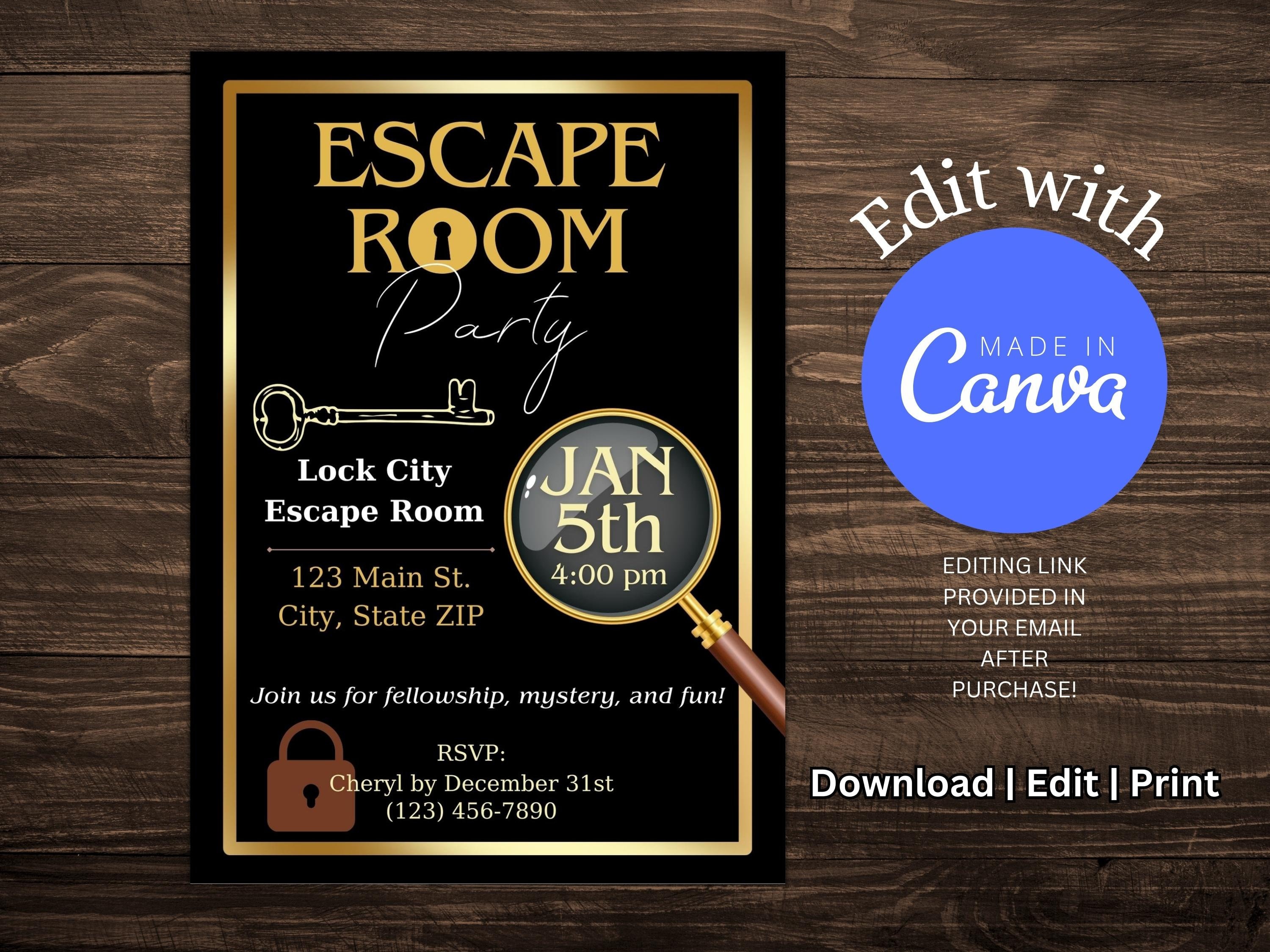 Escape Room Invitation Editable Printable Digital Invite Birthday Party ...