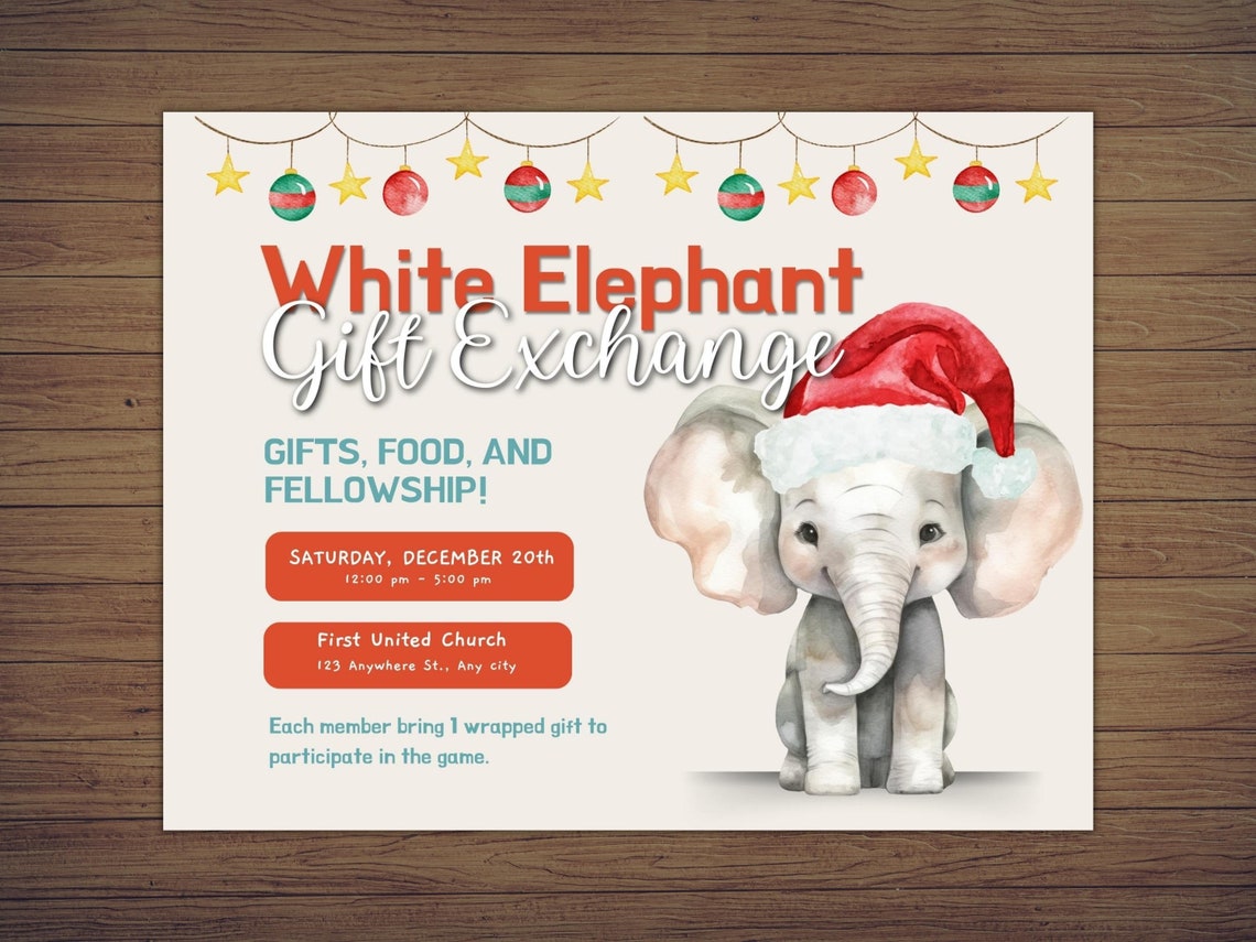 Editable White Elephant Gift Exchange Invitation Christmas Party Invitation Church Flyer 8.5"x11 ...
