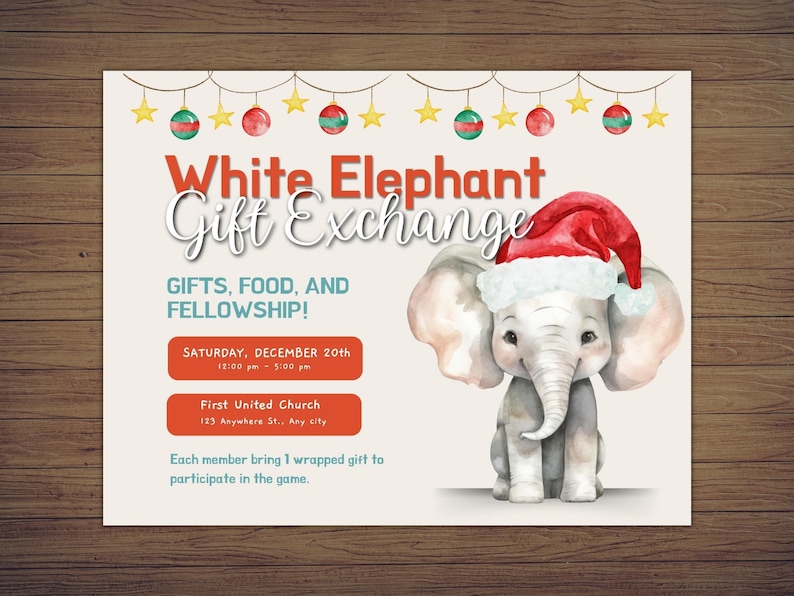 Editable White Elephant Gift Exchange Invitation Christmas Party ...