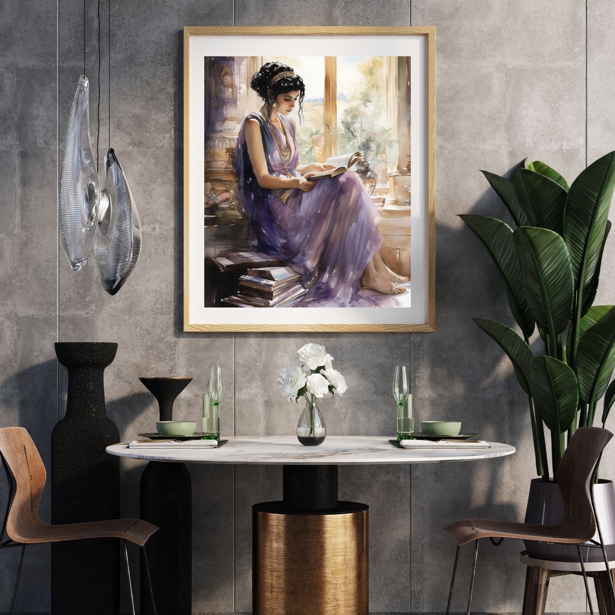 Printable Cleopatra Reading a Book in a Modern Day Library, Watercolor ...