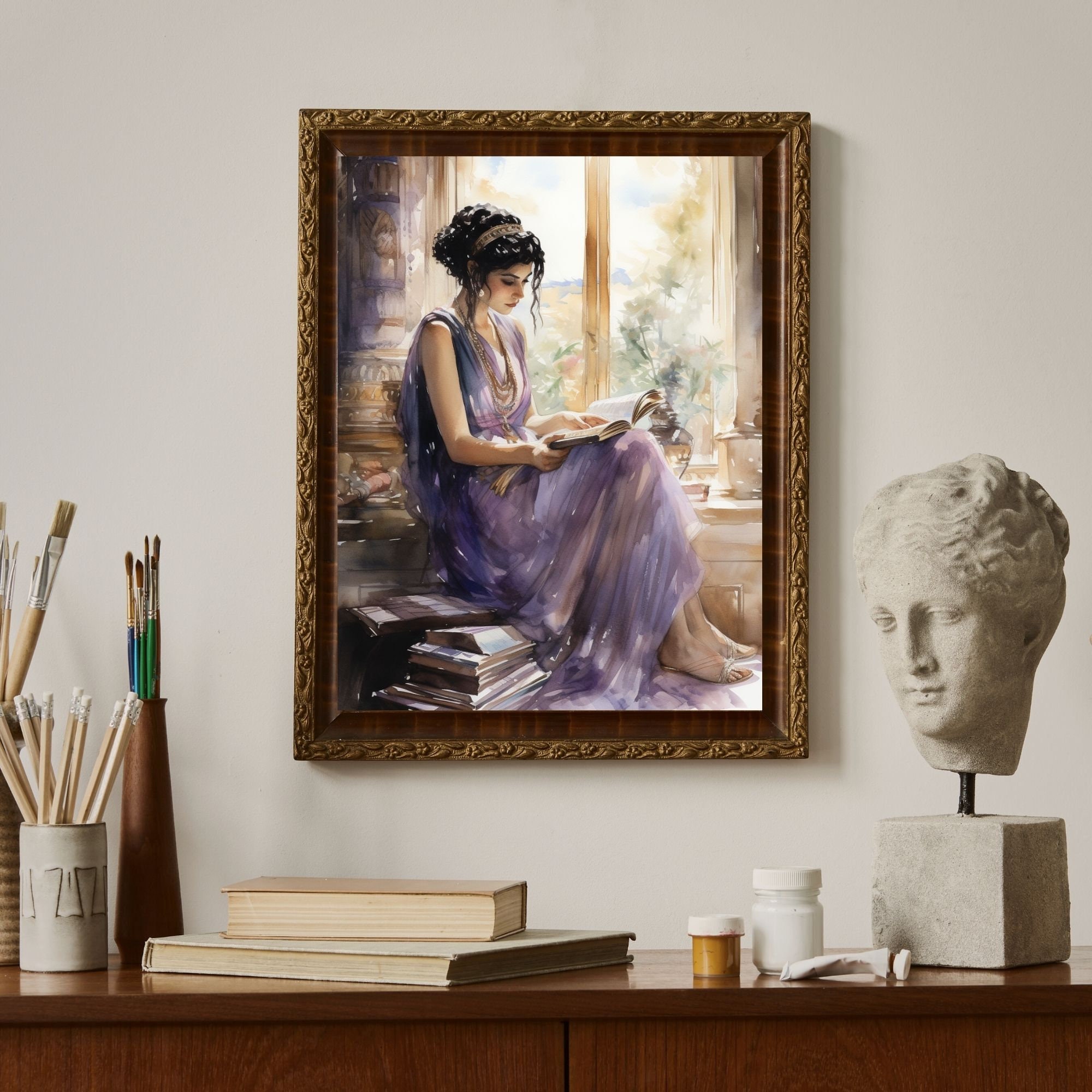 Printable Cleopatra Reading a Book in a Modern Day Library, Watercolor ...
