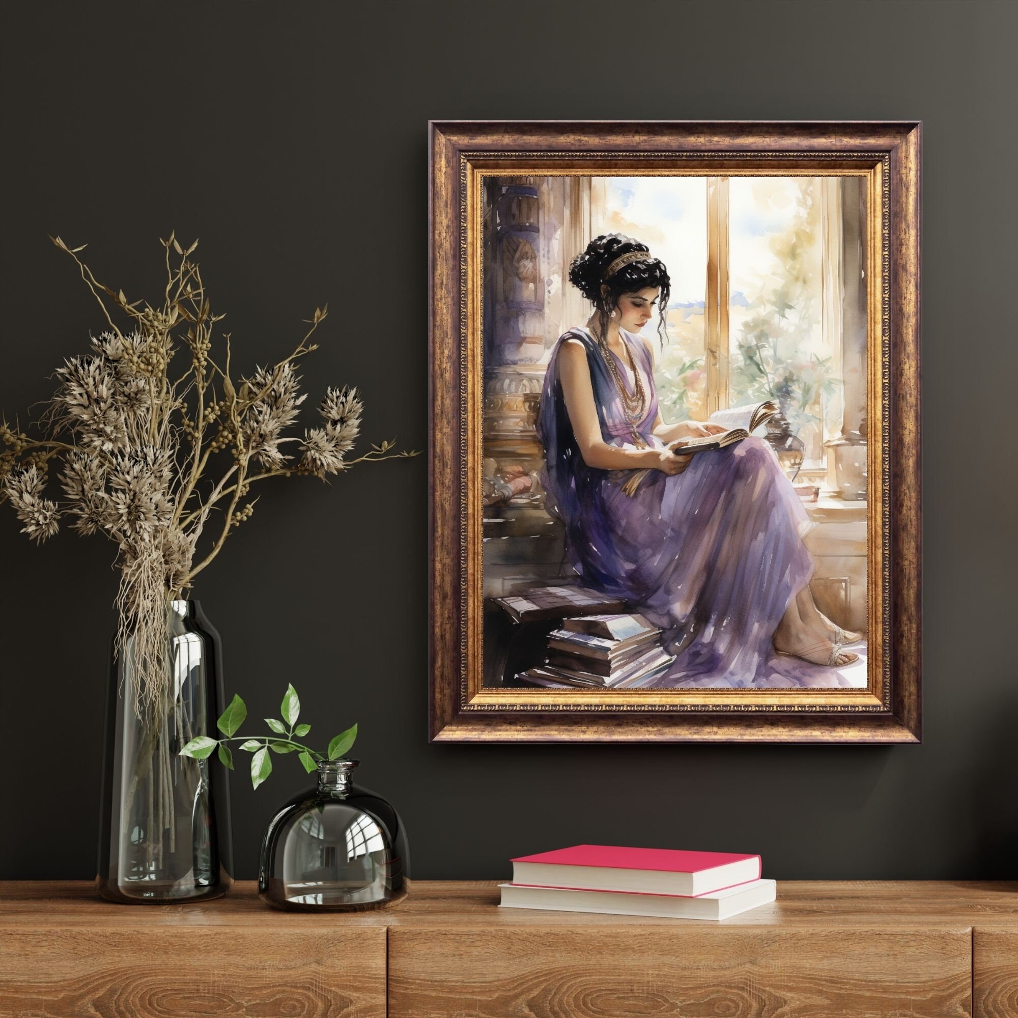 Printable Cleopatra Reading a Book in a Modern Day Library, Watercolor ...