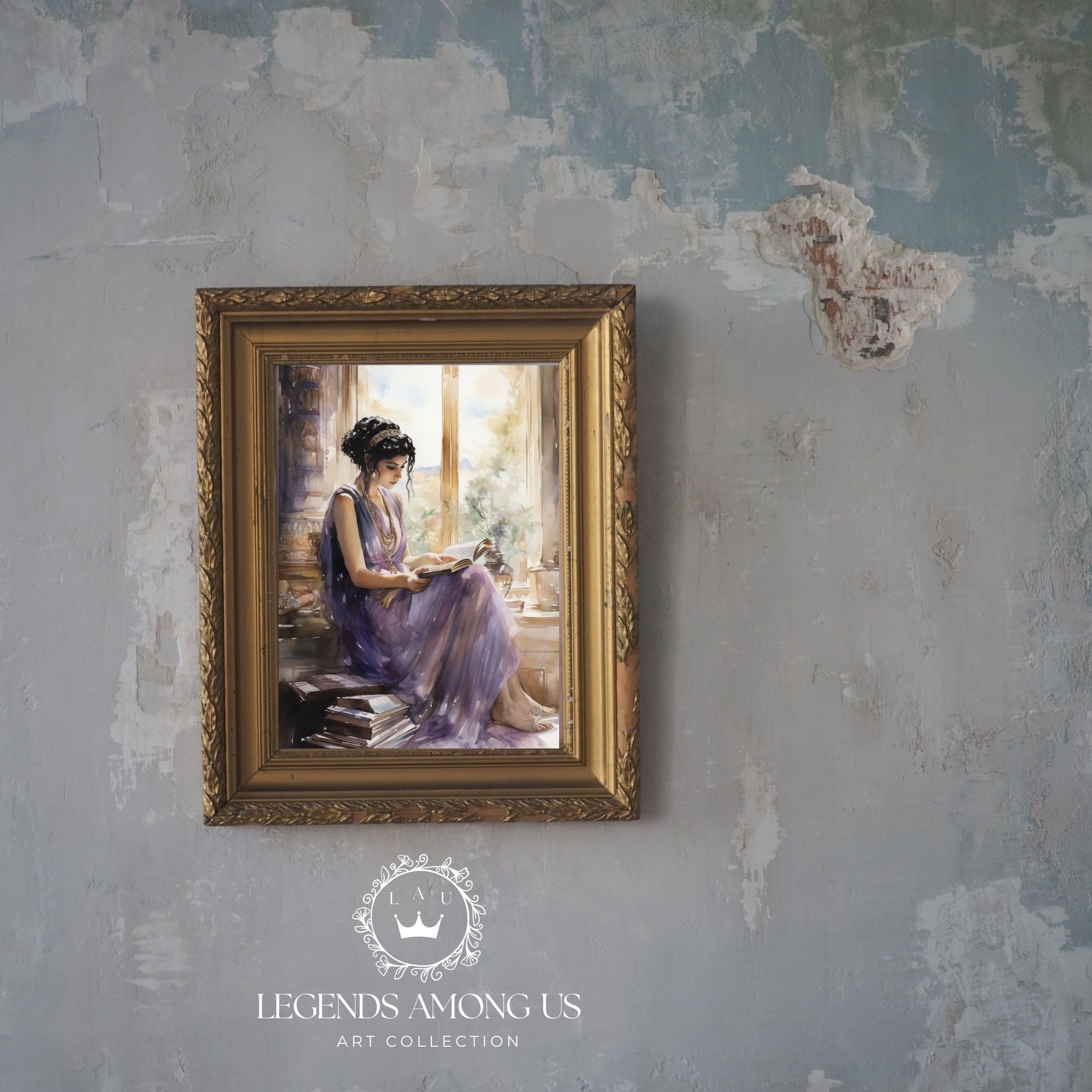 Printable Cleopatra Reading a Book in a Modern Day Library, Watercolor ...